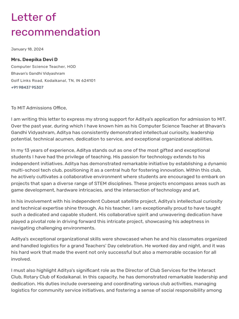 Recommendation letter_Aditya_MIT | PDF