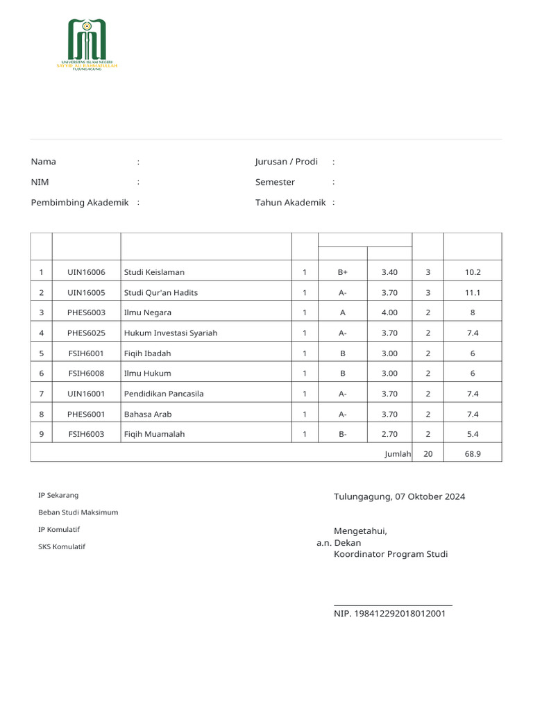 Kartu Hasil Studi Mahasiswa: Kementerian Agama Republik Indonesia | PDF