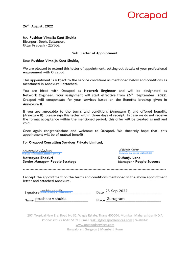 Revised Offer Letter_Pushkar Vimalja Kant Shukla - signed (1) | PDF
