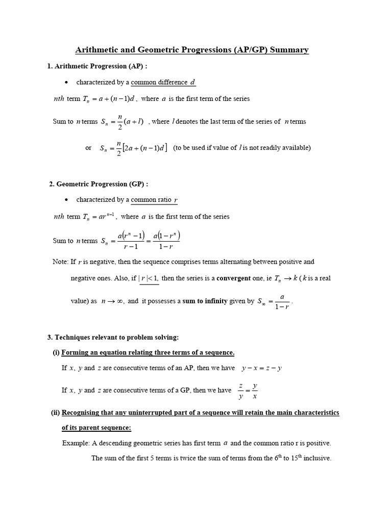 Arithmetic and Geometric Progressions (APGP) Summary | PDF