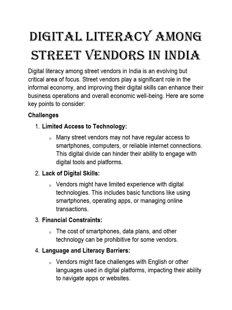 Digital Literacy Among Street Vendors in India | PDF
