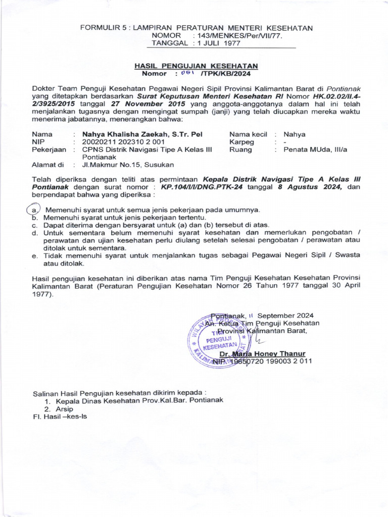 Surat Hasil Kesehatan Jasmani | PDF