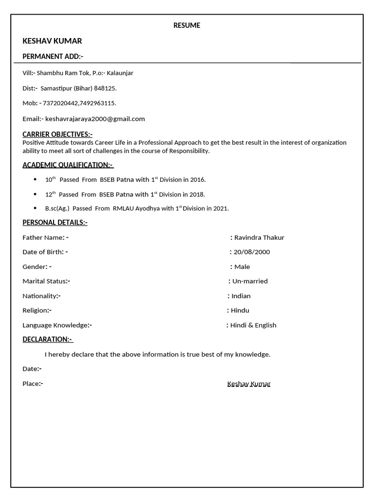 Resume Format For Beginners. | PDF