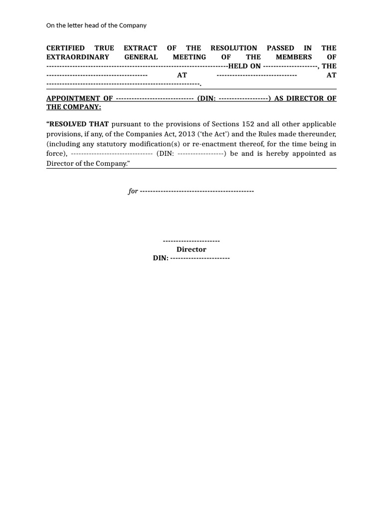 Extraordinary General Meeting Resolution For Director Appointment | PDF
