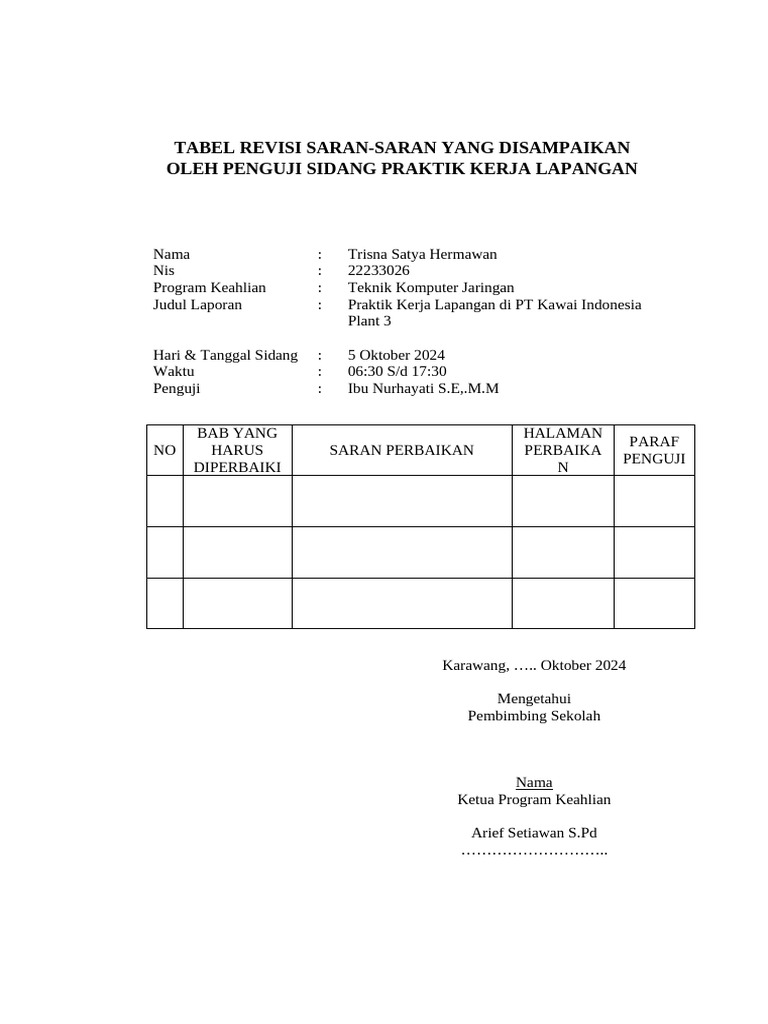Form Tabel Revisi Saran | PDF