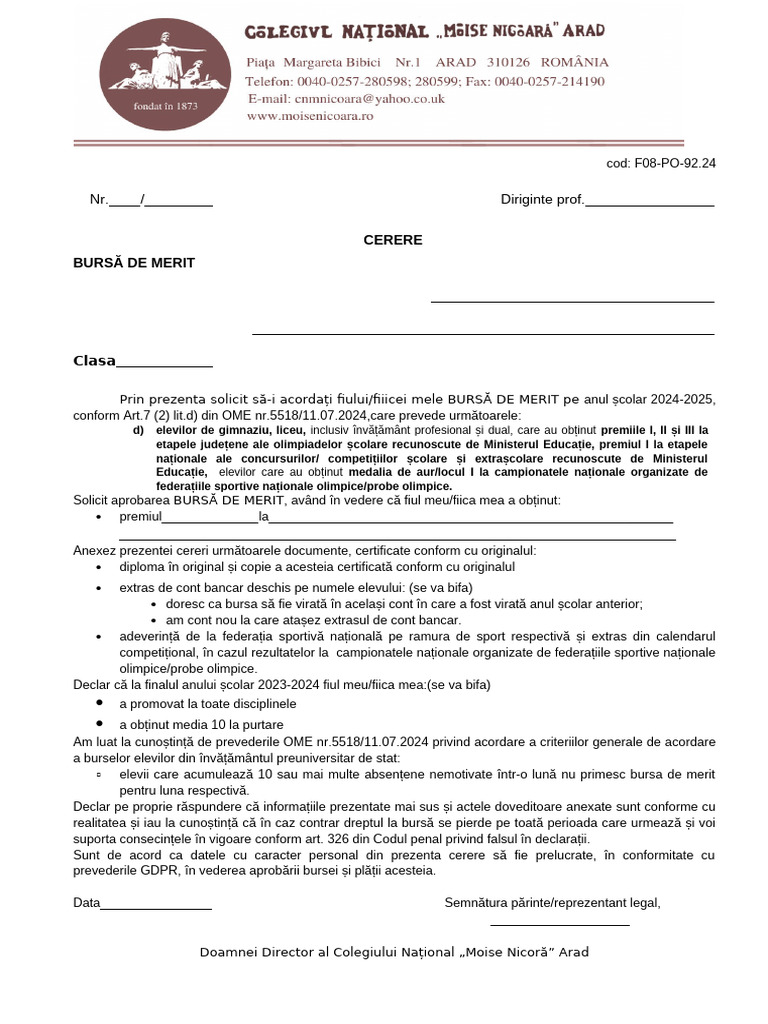 3.-CERERE-BURSA-MERIT PREMII-2024-2025-elev Minor | PDF