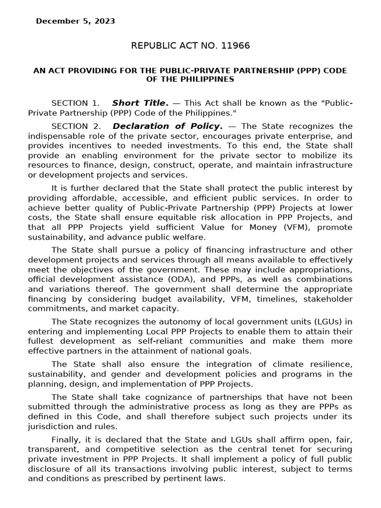 Public-Private Partnership (PPP) Code of The Philippines 2023 | PDF