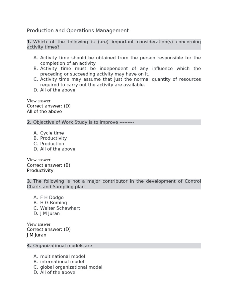 Production and Operations Management MCQ | PDF