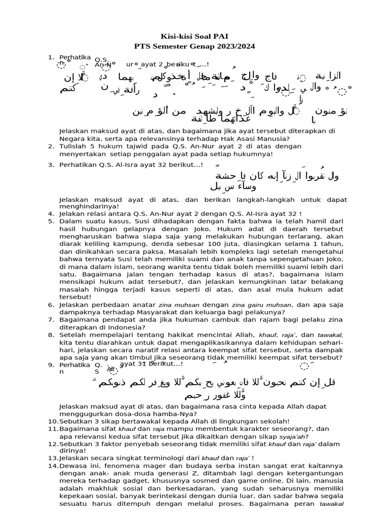 Kisi-Kisi SOAL STS-PTS - PAI - 2023 - 2024 | PDF