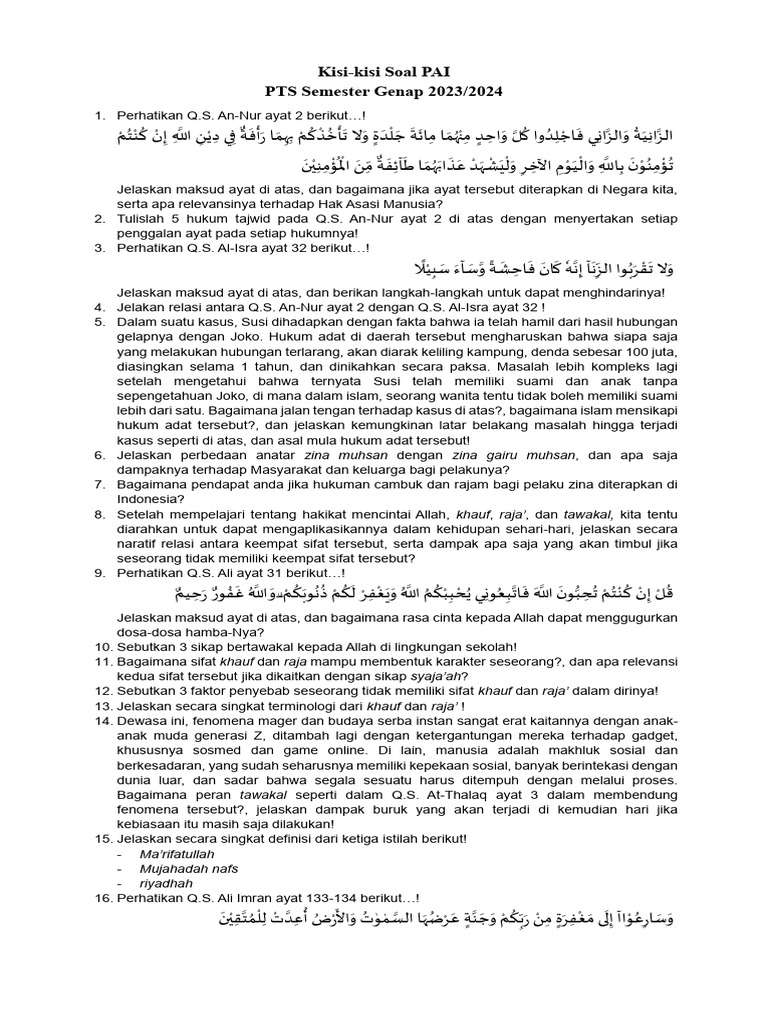 Kisi-Kisi SOAL STS-PTS - PAI - 2023 - 2024 | PDF