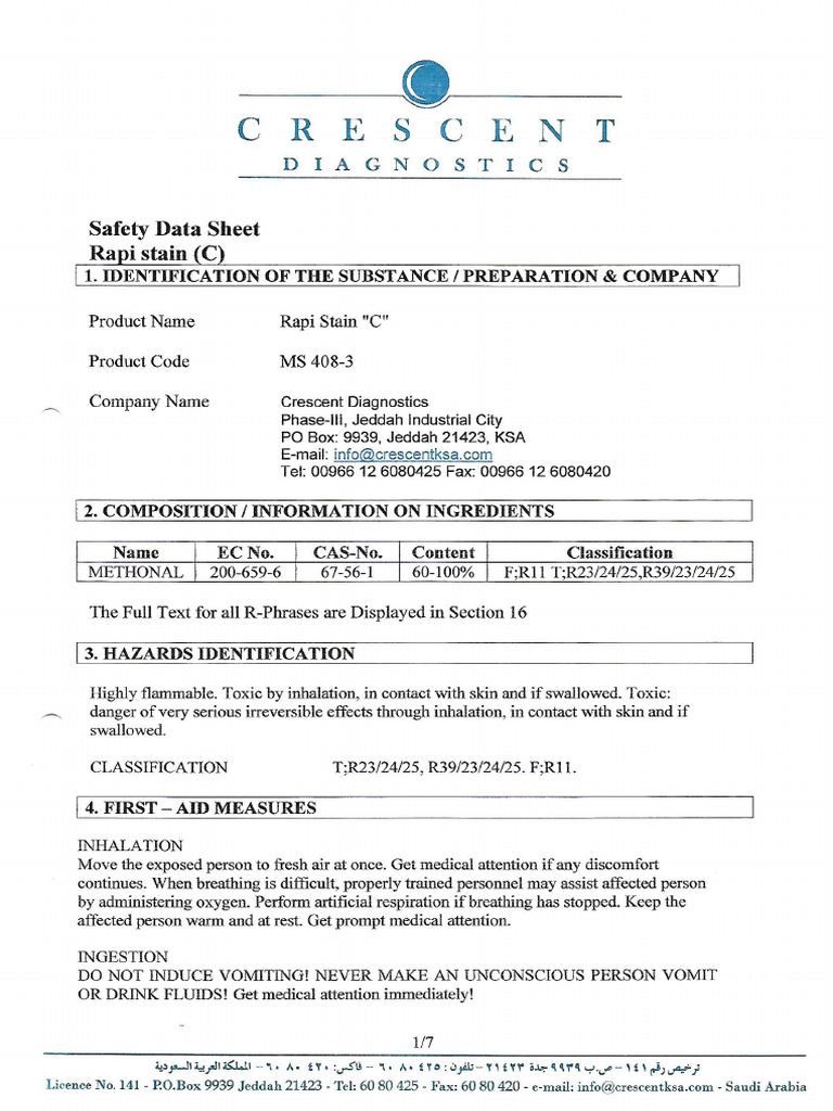 Rapi Stain C, Methanol - Crescent Diagnostics - MS 408-3 | PDF