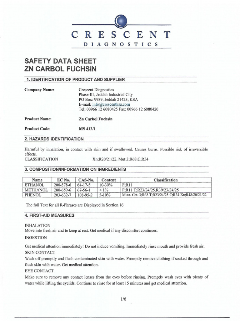 Ziehl-Neelsen Stain, Carbol Fuchsin - Crescent Diagnostics - MS 4123 | PDF