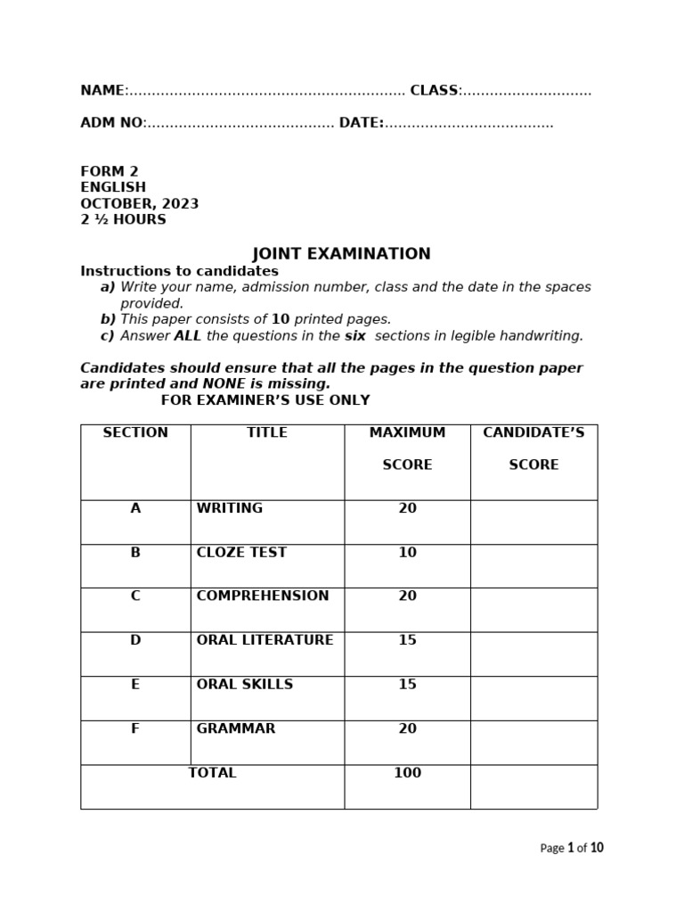 Form 2 English Joint Exam 2023 | PDF