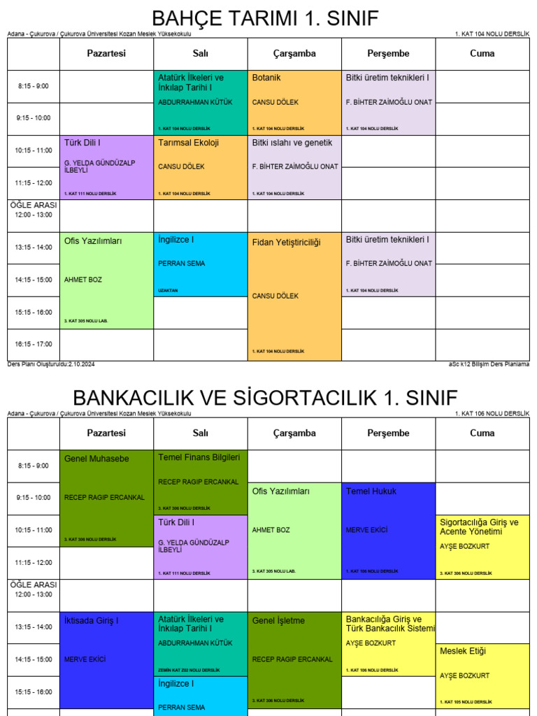 2024-25 Güz Ders Programi Siniflar | PDF
