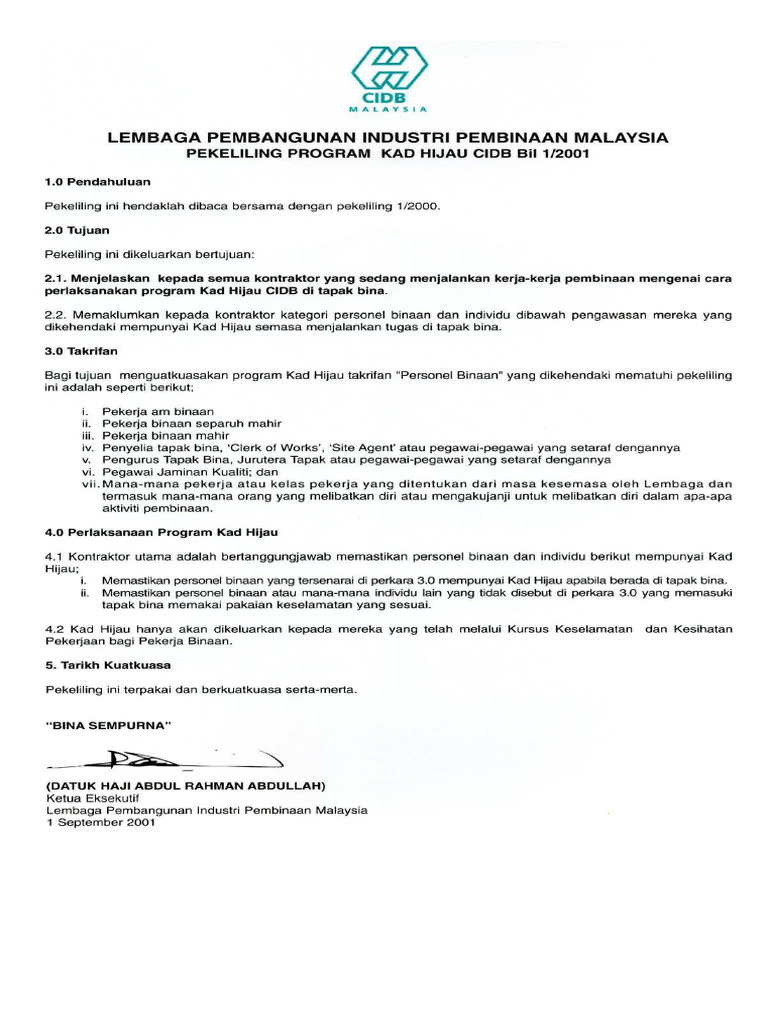 2 Pekeliling Program Kad Hijau CIDB 1 2001 2 | PDF