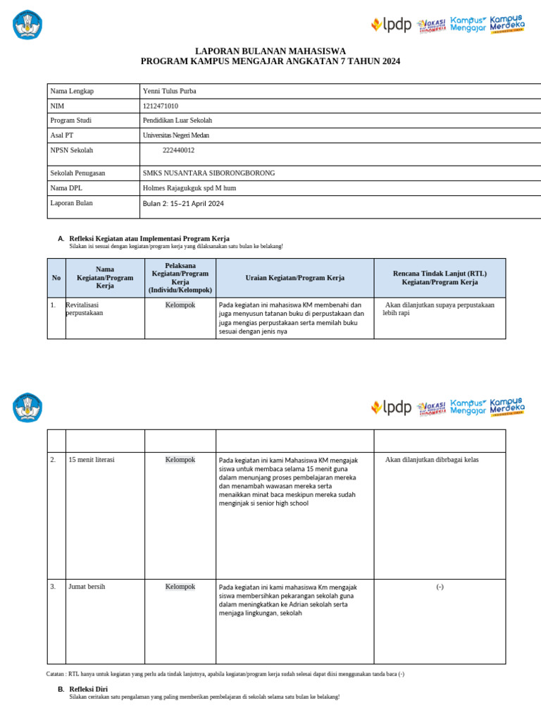 Laporan Kampus Mengajar - Yenni Purba | PDF