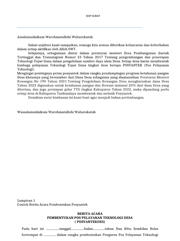 Surat Edaran Pembentukan Posyantek | PDF