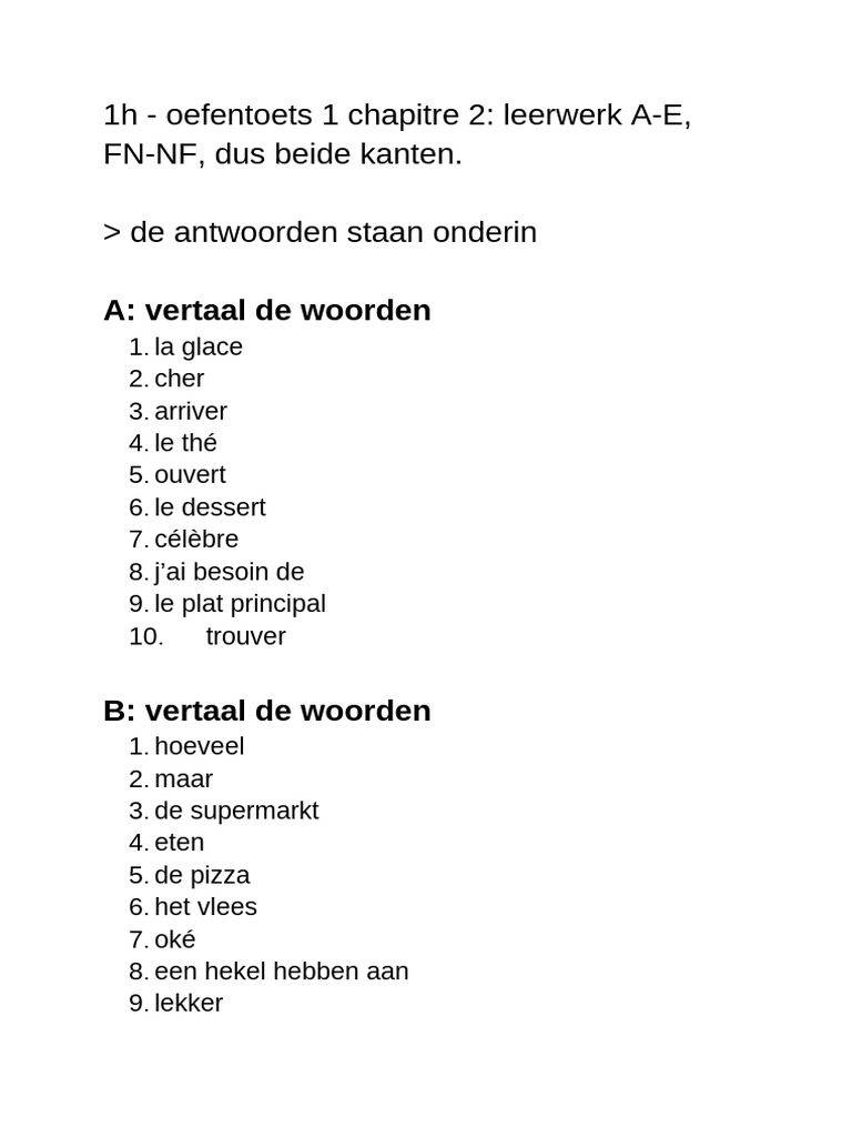 1h - Oefentoets 1 Chapitre 2 | PDF