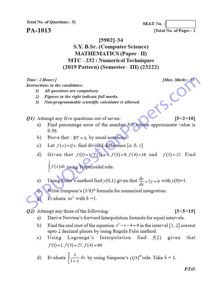 BSC BSC Cs Mathematics Semester 3 2022 November Numerical Analysis 2019 Pattern | PDF