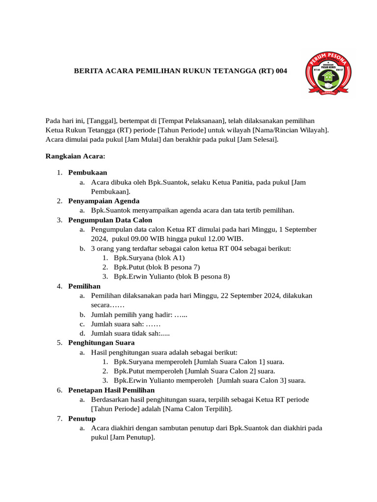 Berita Acara Pemilihan Rukun Tetangga (RT) 004 | PDF