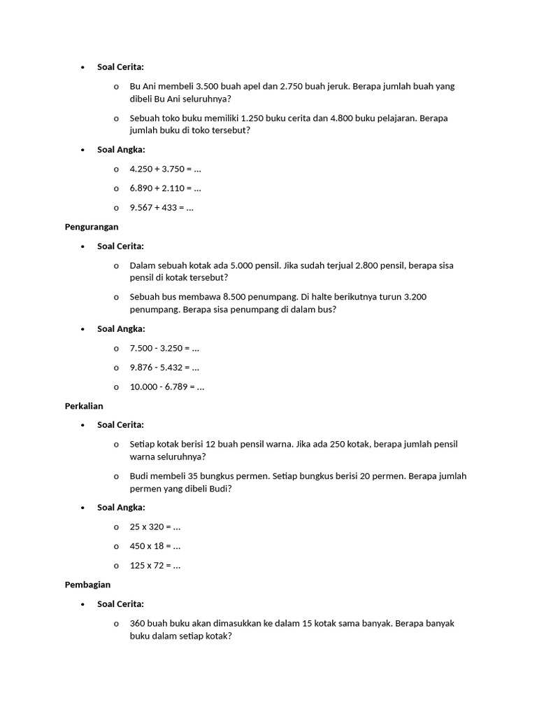Bahan Soal PH 1 Semester 1 Kelas 4 Bilangan Cacah | PDF