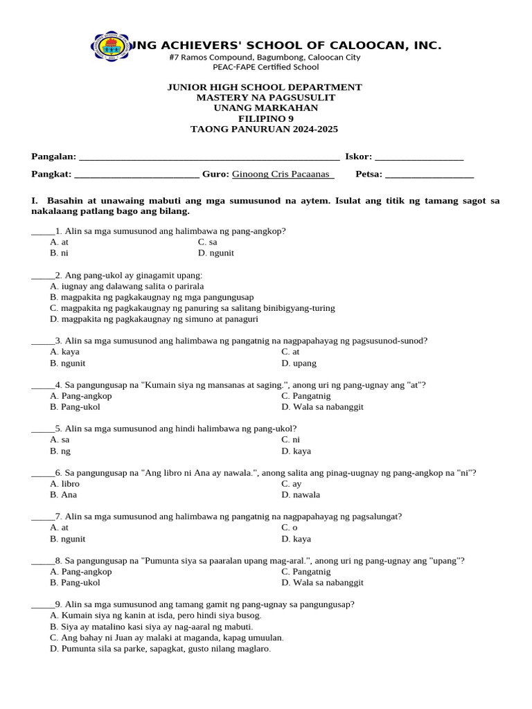 Mastery Test - Filipino - G9 - 1ST | PDF