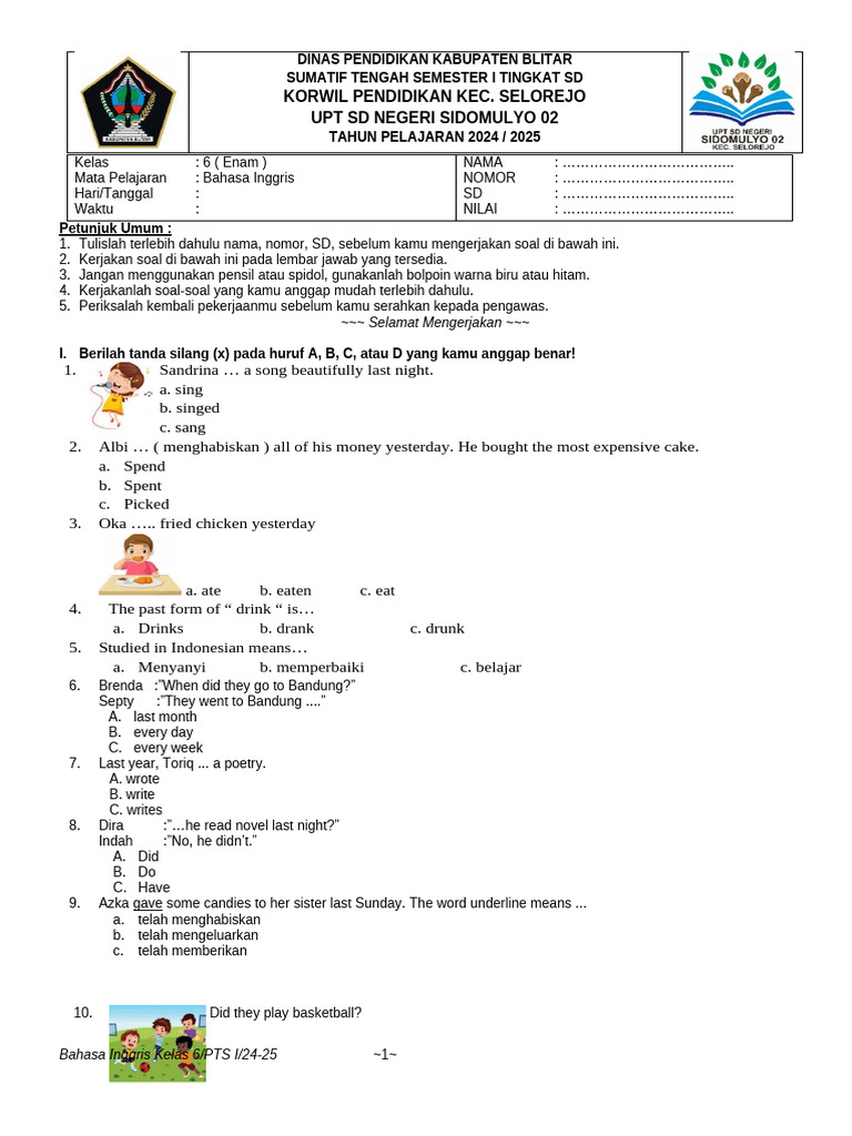Kelas 6 Soal STS 1 Bahasa Inggris | PDF