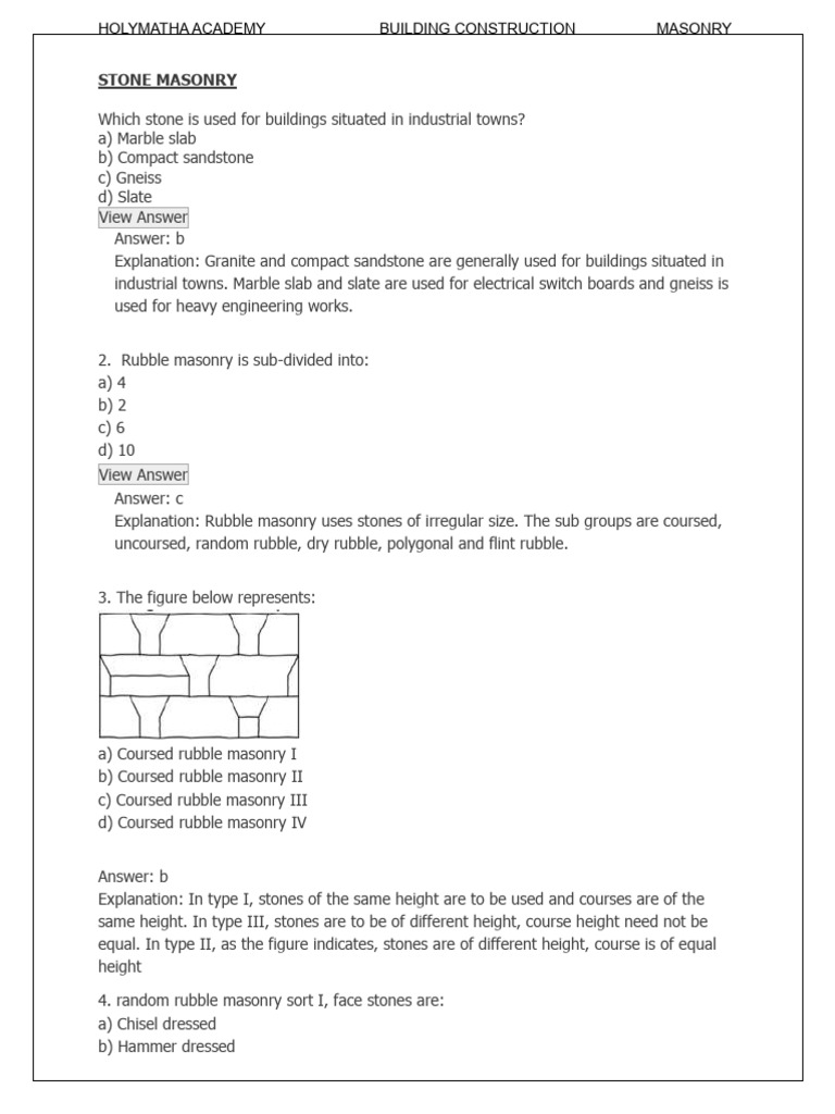 Masonry Extra Questions MVPA | PDF