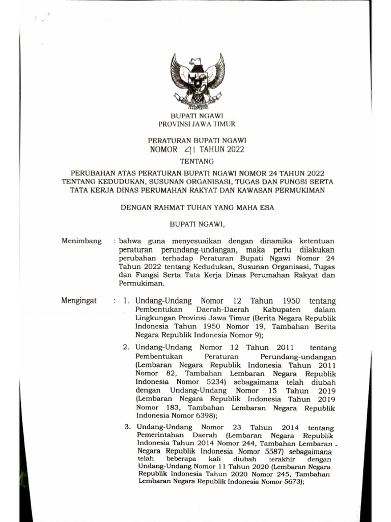 Perubahan Atas Perbup Tentang Sotk Dinas Perkim | PDF