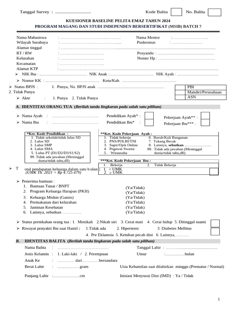 Quesioner Baseline Pelita Emaz 2024 | PDF