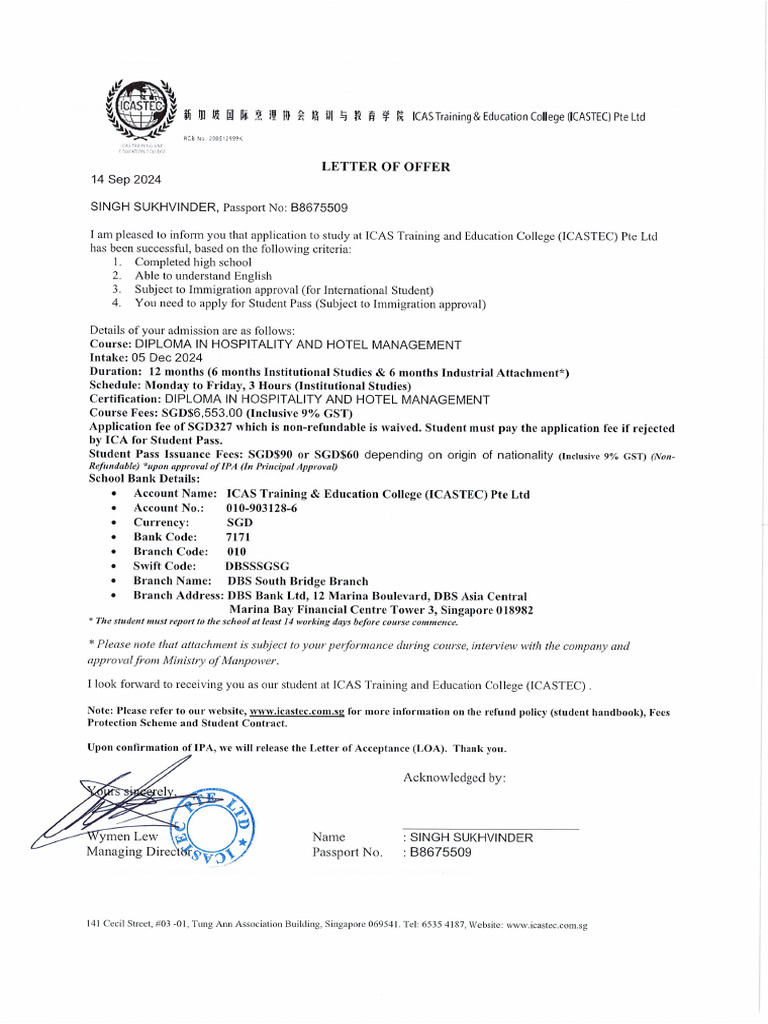 Letter of Offer - Singh Sukhvinder (DHHM December 2024 Intake) | PDF