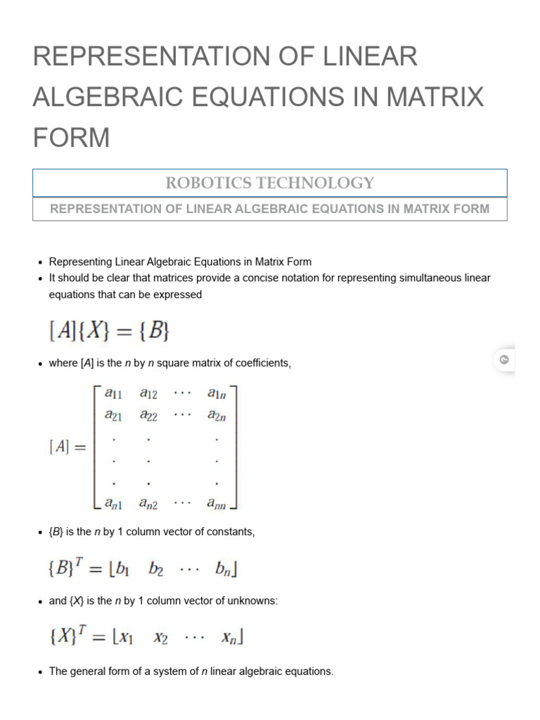 Representation of Linear Algebraic Equations in Matrix Form - Ecen-E6 ... Representation of Linear Algebraic Equations in Matrix Form - Ecen-E6 ...