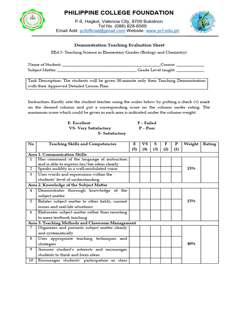 Demonstration Teaching Rubric Pdf Lesson Plan Classroom Management