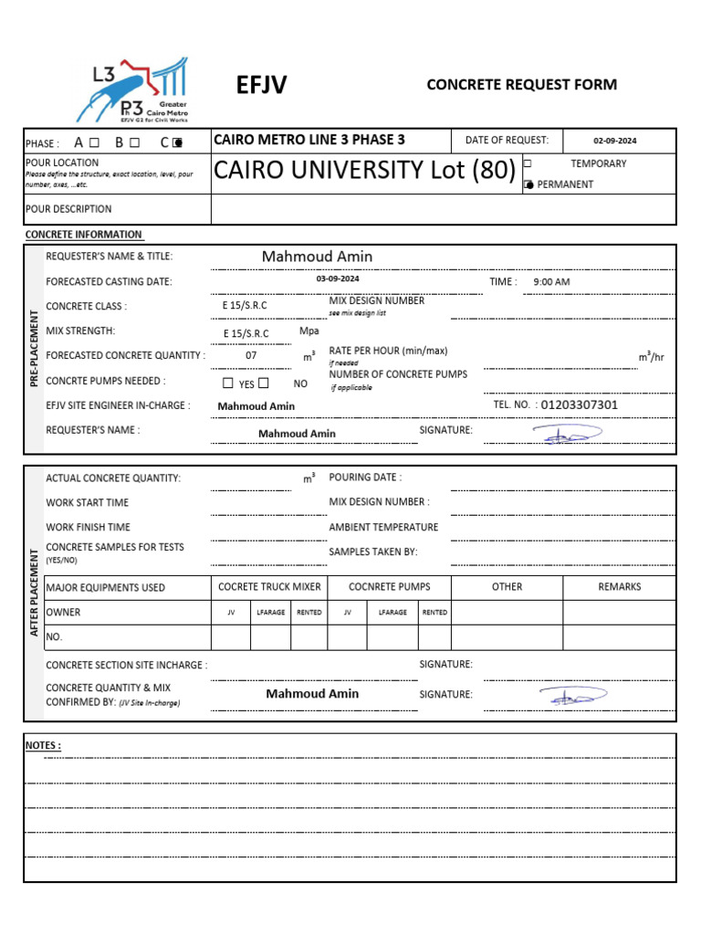 Concrete Request Form for Cairo Metro | PDF | Concrete | Applied And ...