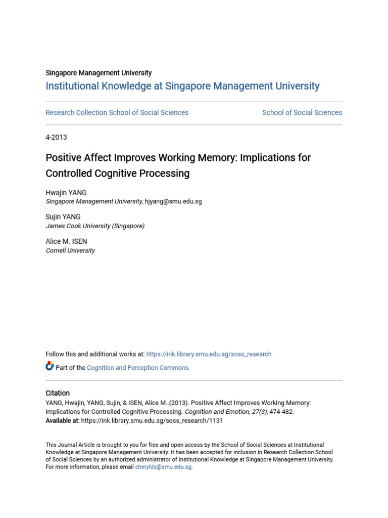 Positive Affect Improves Working Memory - Implications For Control | PDF