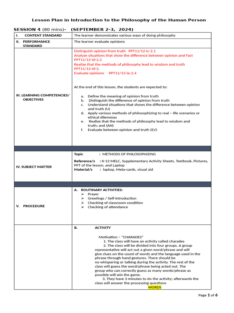 Lesson Plan in Philo Week 2 | PDF