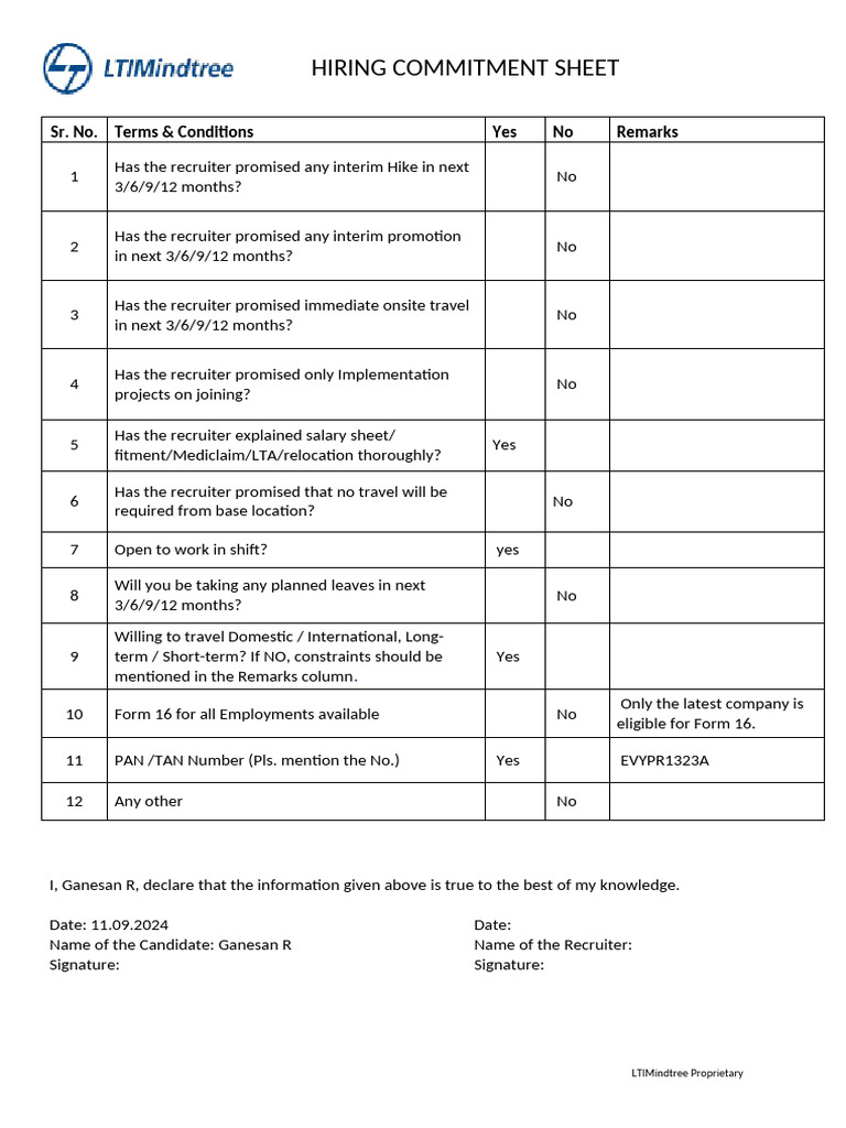 Hiring Commitment Sheet | PDF | Finance & Money Management