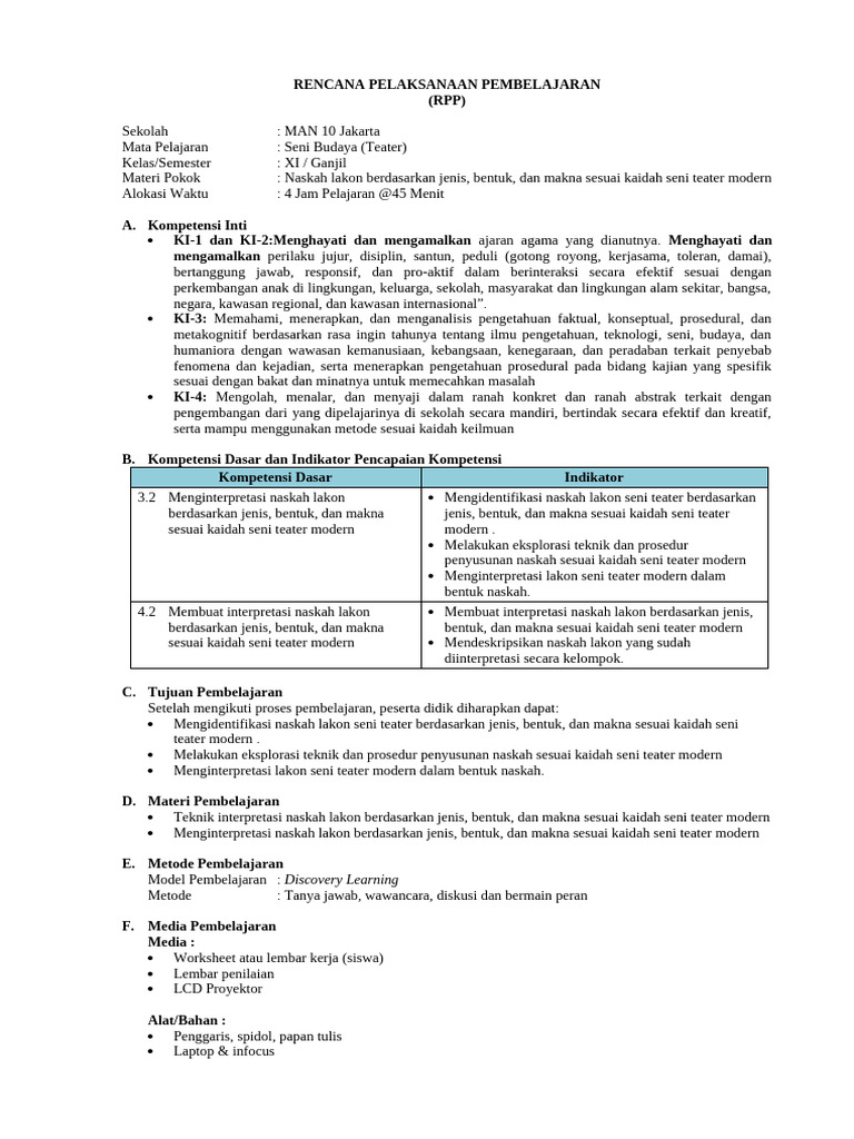RPP 8.1 Seni Teater Naskah Lakon Berdasarkan Jenis | PDF