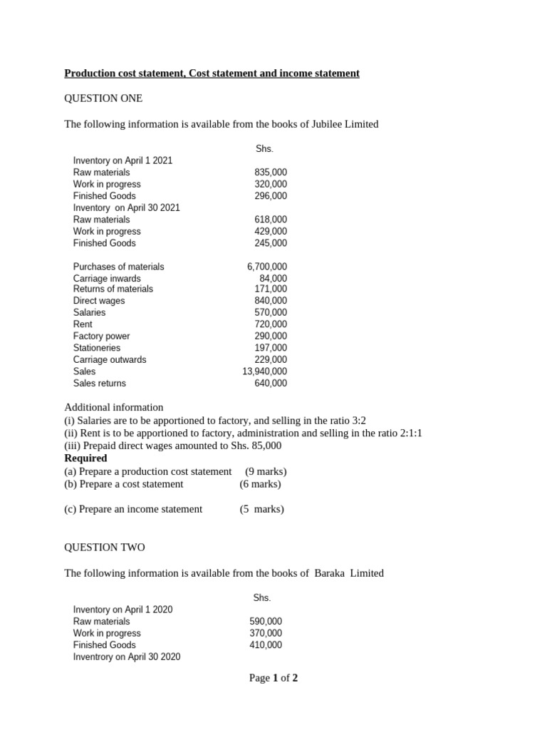 Production and Cost Statement Questions | PDF