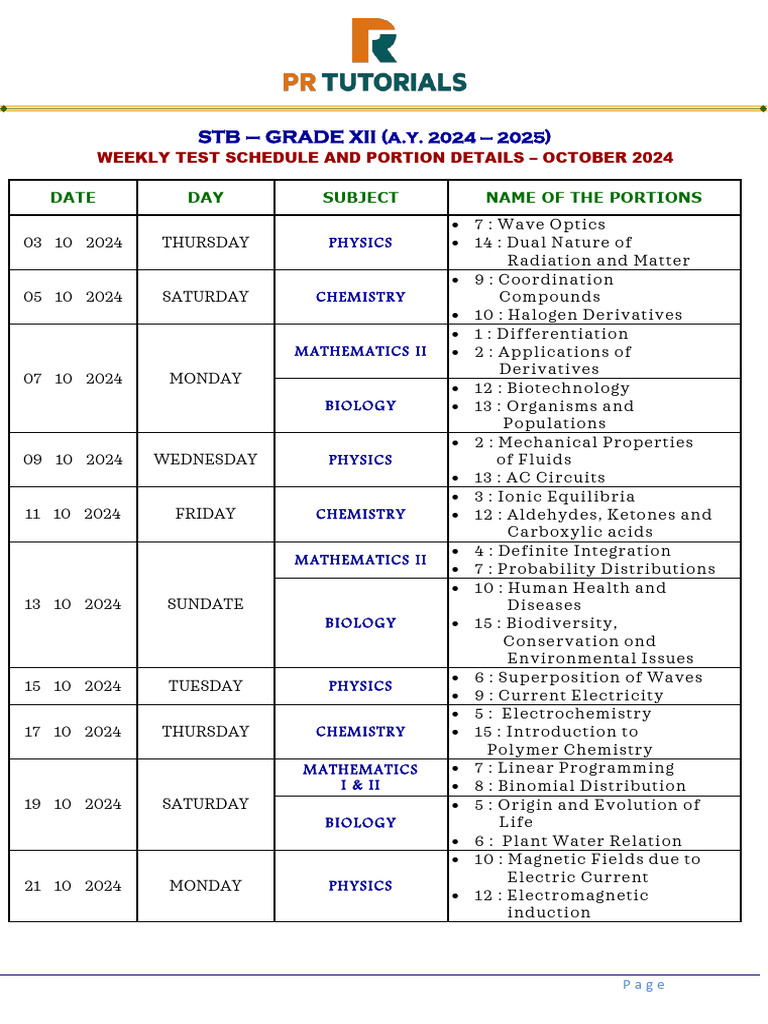 Stb-Xii-Weeklyt Test Schedule and Portion Details - October | PDF