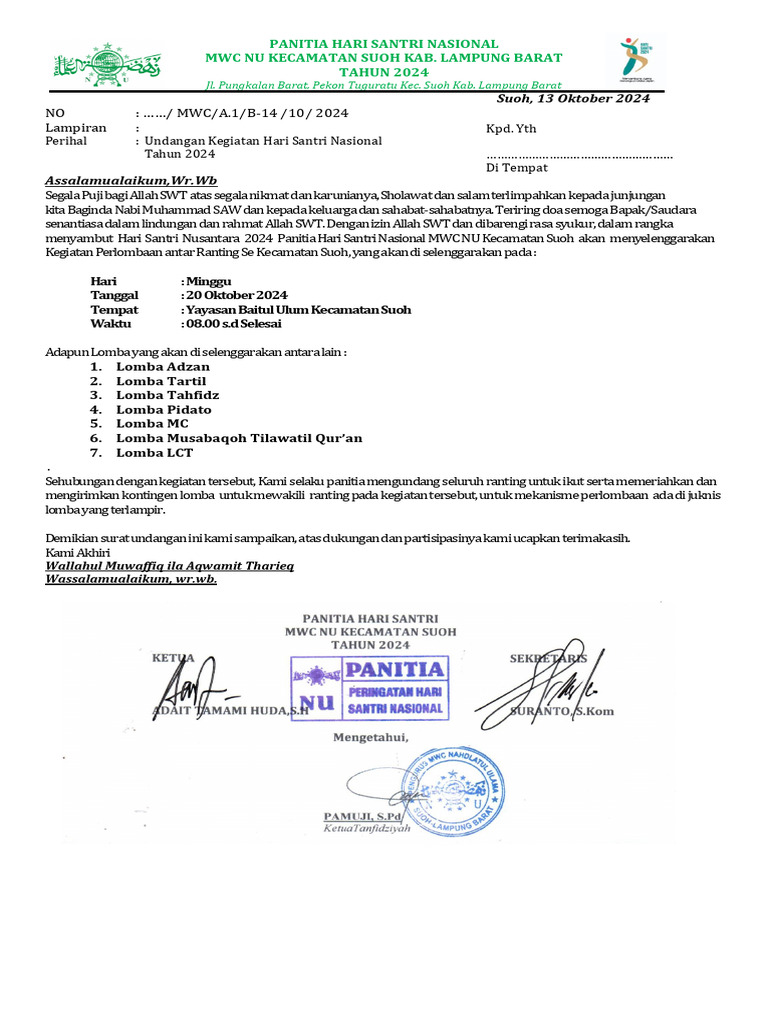 Undangan Lomba HSN MWC Nu Suoh | PDF