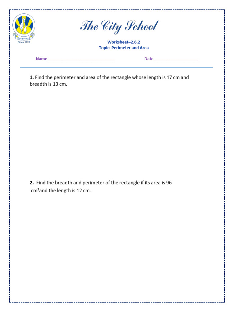 Class 5 Worksheet 2.6.2 - Perimeter and Area | PDF