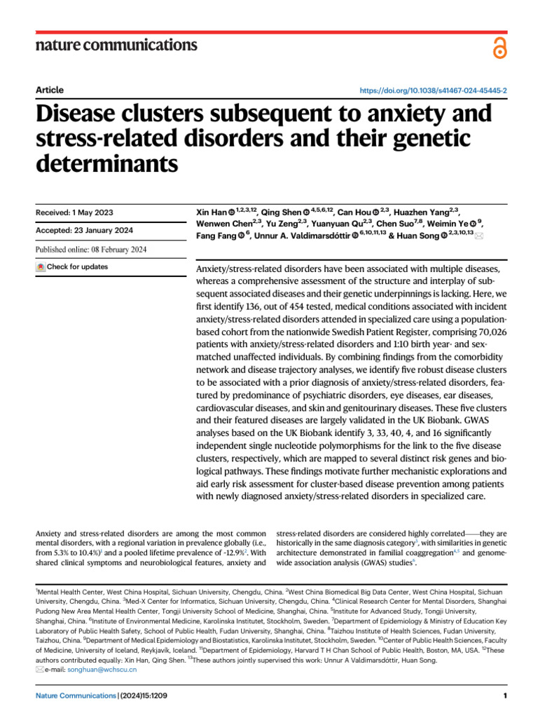 Disease Clusters Subsequent To Anxiety and Stress-Related Disorders and ...