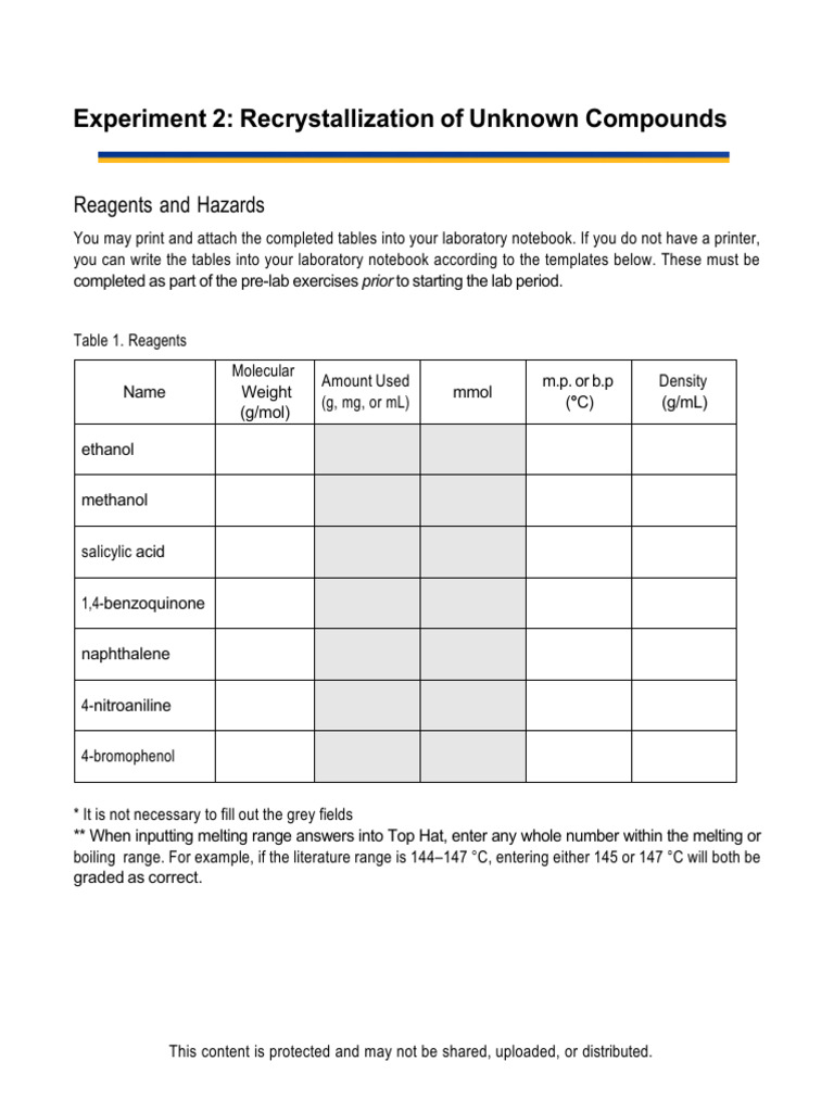 Experiment 2 - Reagents Tables (Fillable) | PDF