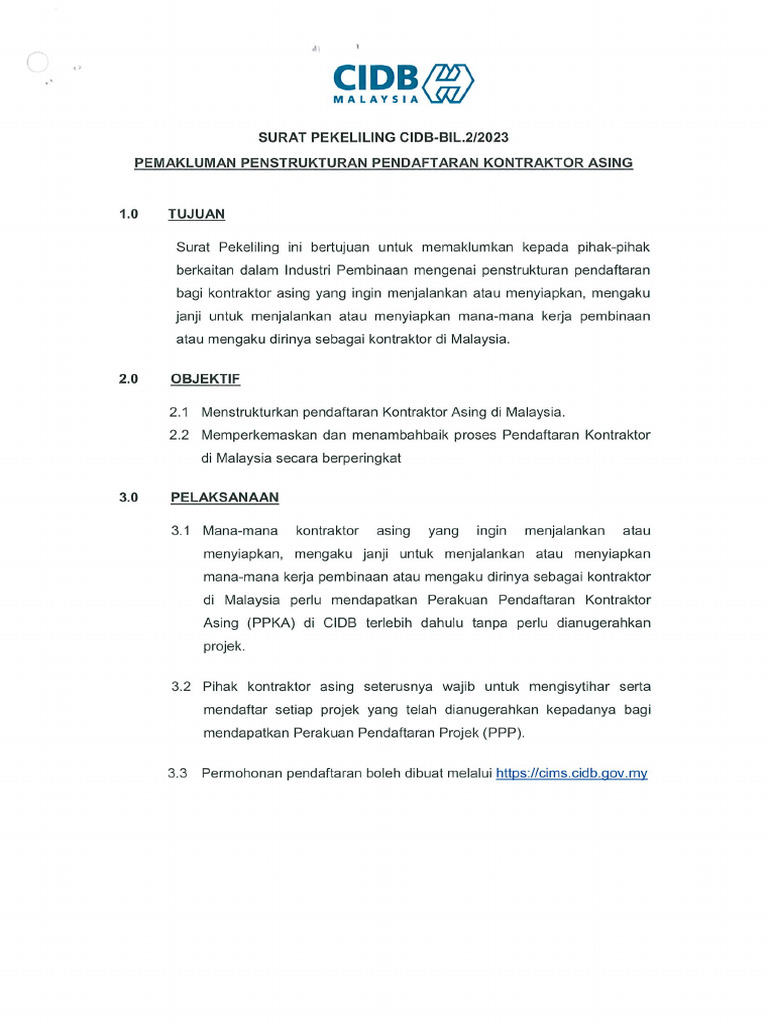 Surat Pekeliling CIDB BIL 2 2023 Pemakluman Penstrukturan Pendaftaran ...