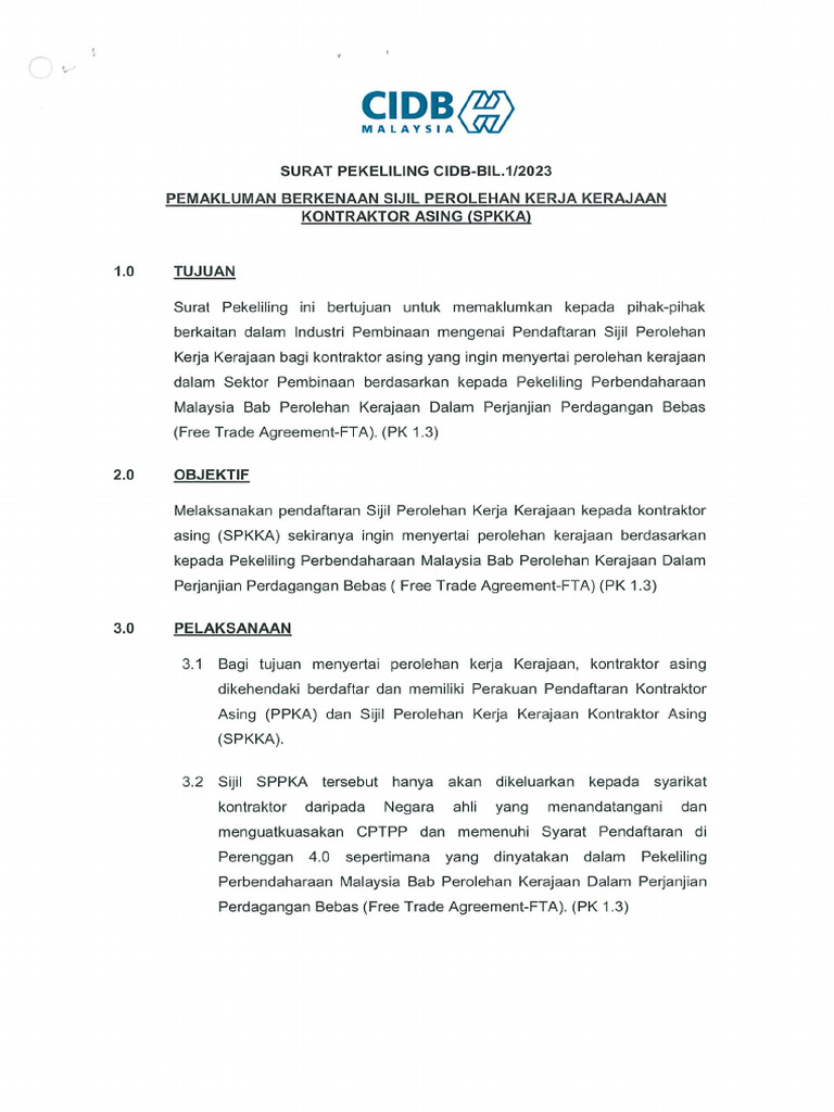 Surat Pekeliling CIDB BIL 1 2023 Pemakluman Berkenaan Sijil Perolehan Kerja Kerajaan Kontraktor ...