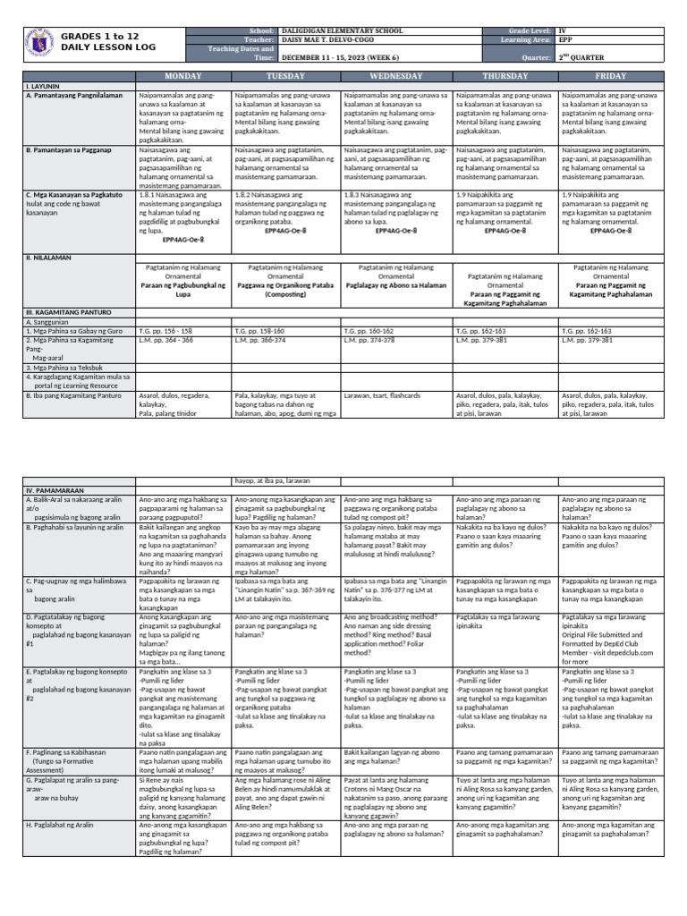 DLL - Epp 4 - Q2 - W6 | PDF