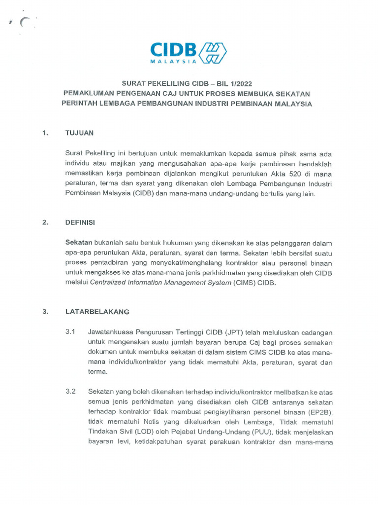 PEKELILING CIDB BIL 2 - 2022 Pemakluman Pengenaan Sekatan Dan Caj Pentadbiran Bagi Proses ...