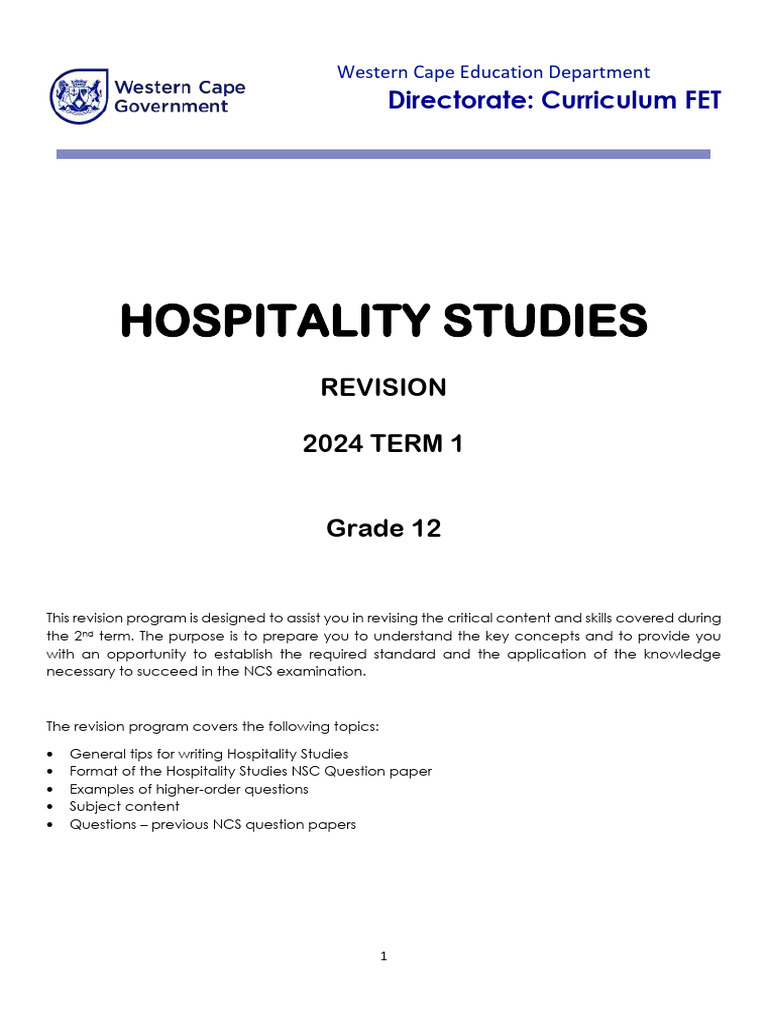 Hospitality Studies Grade 12 Revision Material Term 1 2024 | PDF