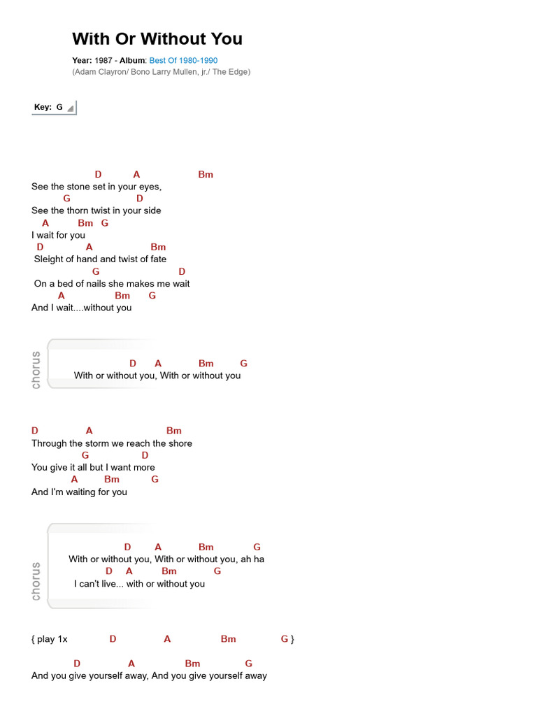 WITH OR WITHOUT YOU Chords - U2 - E-Chords | PDF